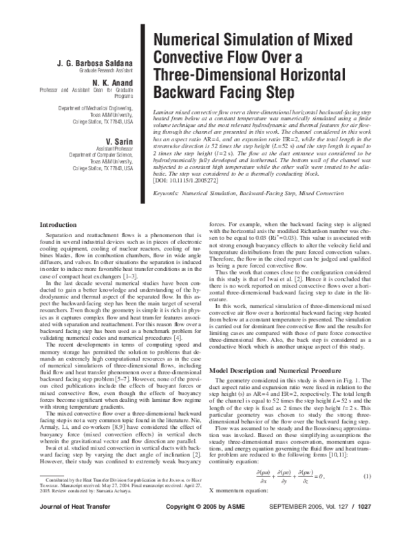 Pdf Numerical Simulation Of Mixed Convective Flow Over A Three Dimensional Horizontal Backward
