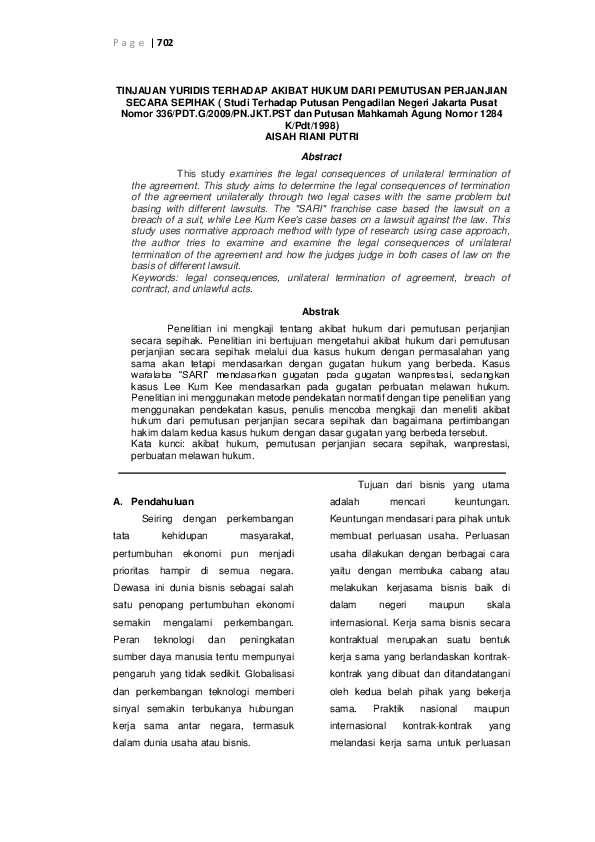 (PDF) TINJAUAN YURIDIS TERHADAP AKIBAT HUKUM DARI PEMUTUSAN PERJANJIAN SECARA SEPIHAK ( Studi ...