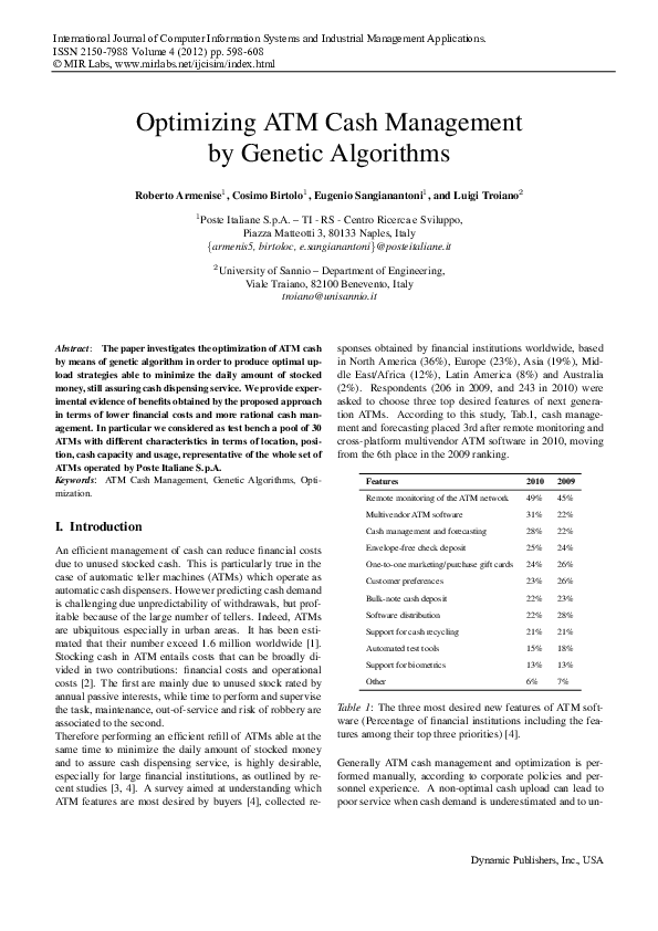 (PDF) Optimizing ATM Cash Management by Genetic Algorithms