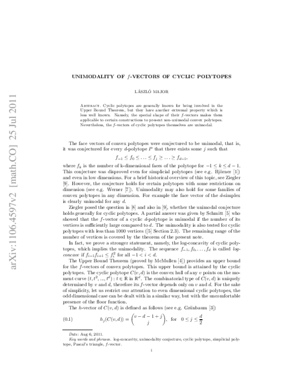 (PDF) Unimodality of f-vectors of cyclic polytopes