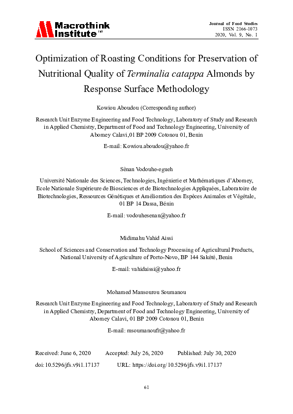 (PDF) Optimization of Roasting Conditions for Preservation of Nutritional Quality of Terminalia ...