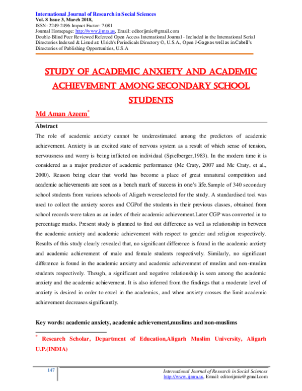 (PDF) Study of Academic Anxiety and Academic Achievement Among ...