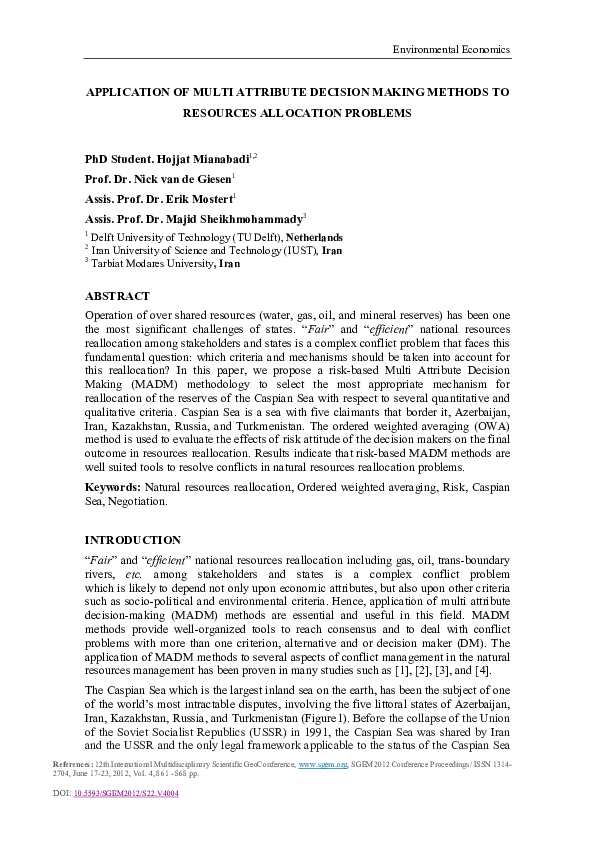 (PDF) Application of Multi Attribute Decision Making Methods to Resources Allocation Problems