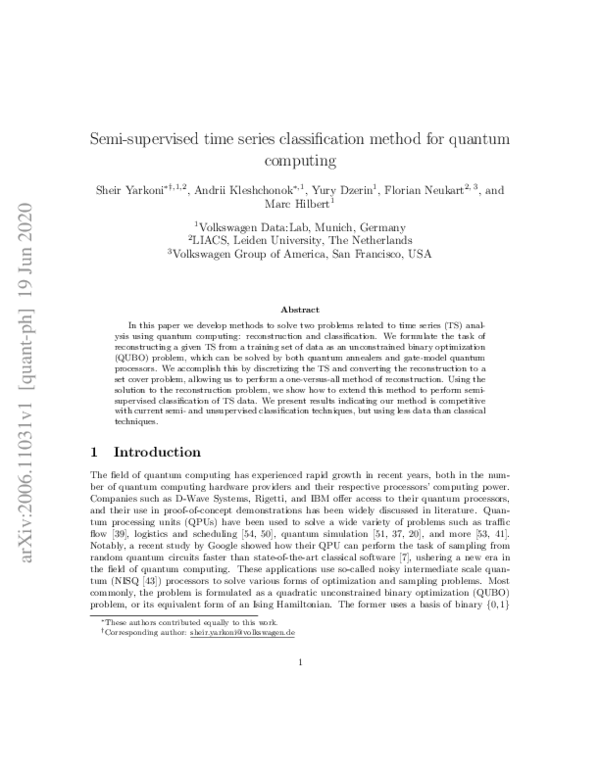(PDF) Semi-supervised time series classification method for quantum computing