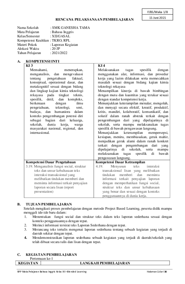 (PDF) RPP Bahasa Inggris Laporan Kegiatan SMK XII
