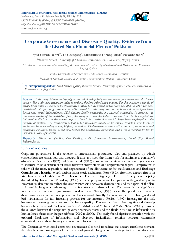 (PDF) Corporate Governance and Disclosure Quality: Evidence from the ...