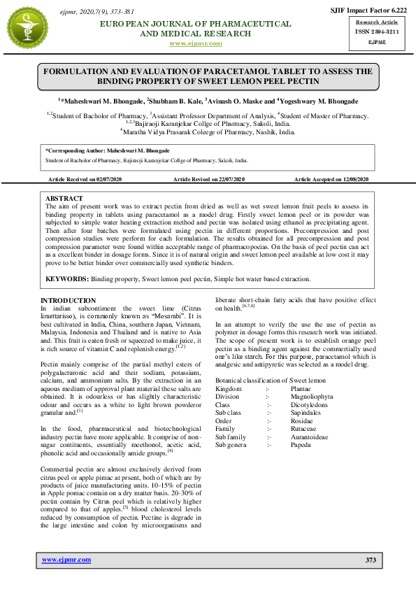 Pdf 2020 Formulation And Evaluation Of Paracetamol Tablet To Assess The