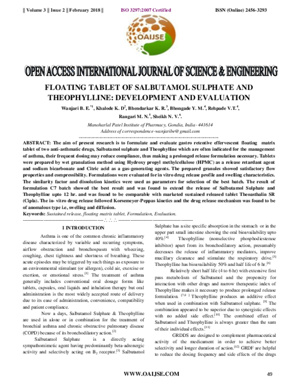 Pdf Floating Tablet Of Salbutamol Sulphate And Theophylline Development And Evaluation