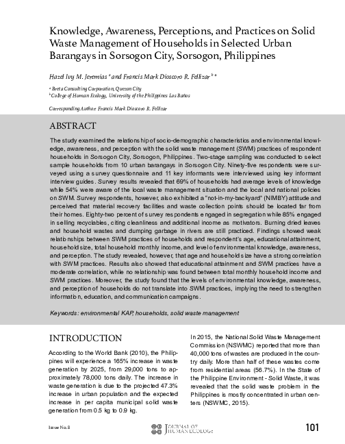 (PDF) Knowledge, Awareness, Perceptions, and Practices on Solid Waste Management of Households ...