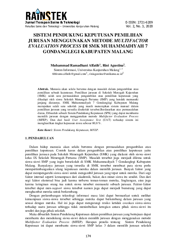 (PDF) Sistem Pendukung Keputusan Pemilihan Jurusan Menggunakan Metode Multifactor Evaluation ...