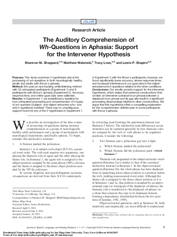 (PDF) The Auditory Comprehension of Wh-Questions in Aphasia: Support ...