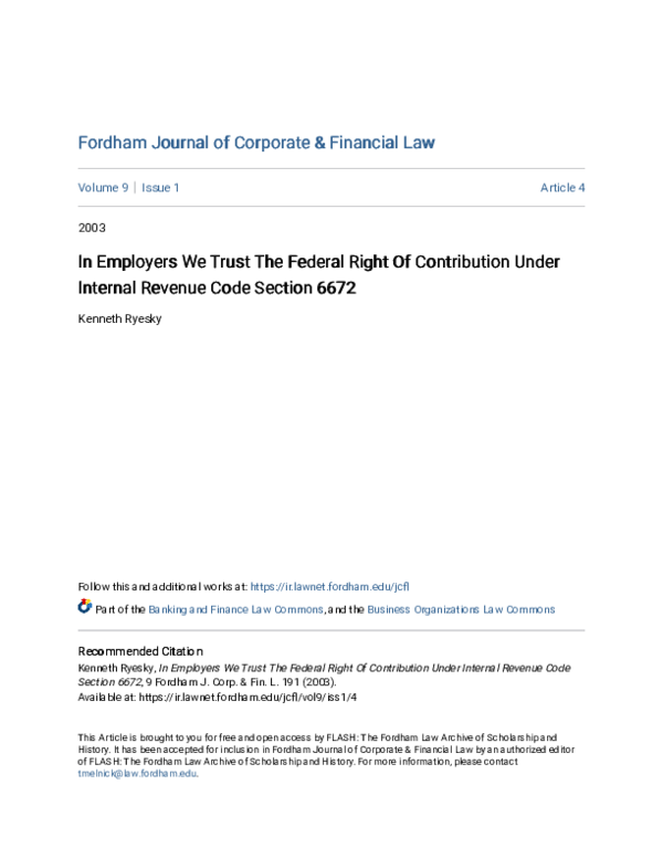 (PDF) In Employers We Trust The Federal Right Of Contribution Under ...