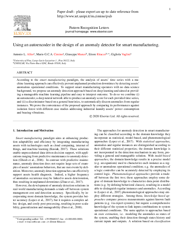 Pdf Using An Autoencoder In The Design Of An Anomaly Detector For Smart Manufacturing