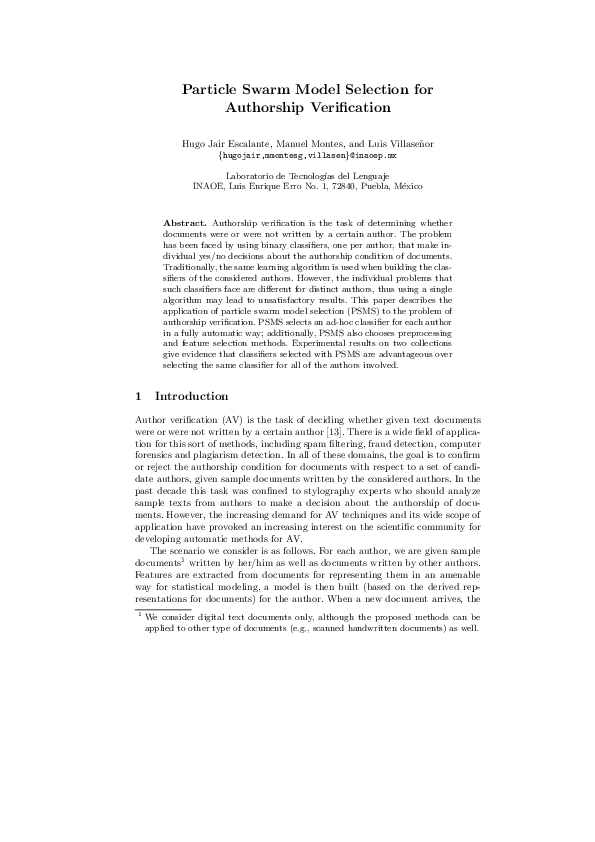 Pdf Particle Swarm Model Selection For Authorship Verification