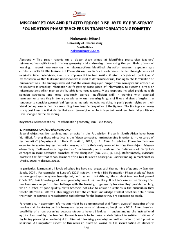 (PDF) Misconceptions and Related Errors Displayed by Pre-Service Foundation Phase Teachers in ...