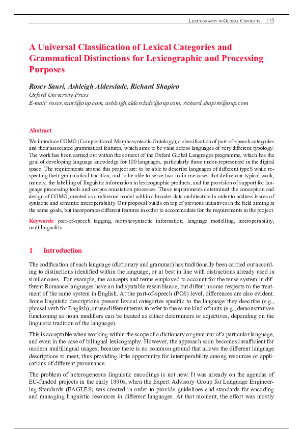 Pdf A Universal Classification Of Lexical Categories And Grammatical Distinctions For