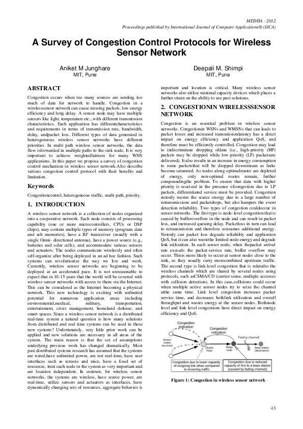 (PDF) A Survey of Congestion Control Protocols for Wireless Sensor Network
