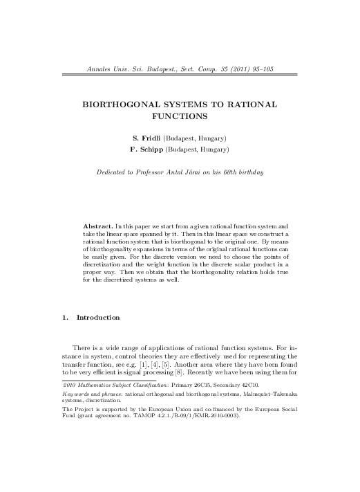 (PDF) Biorthogonal Systems to Rational Functions