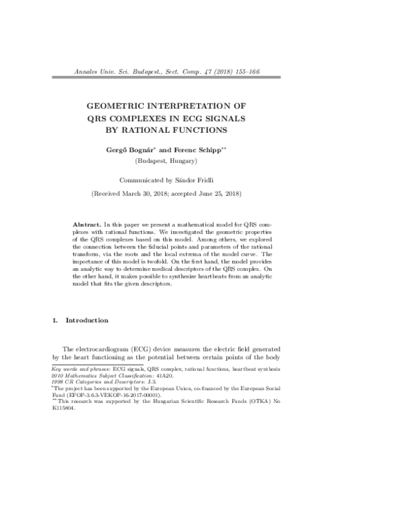 (PDF) Geometric Interpretation of QRS Complexes in Ecg Signals by Rational Functions
