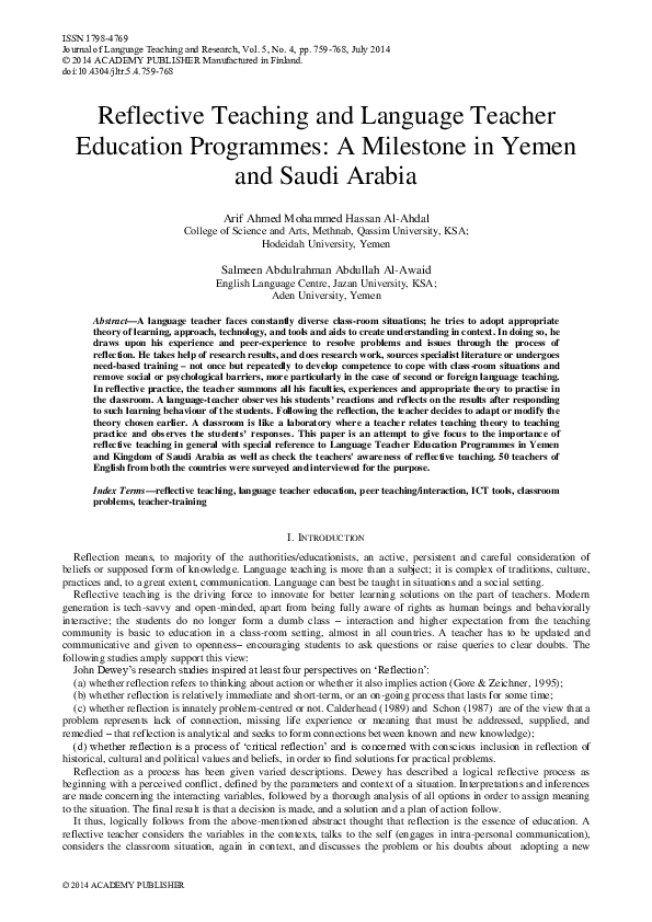 (PDF) Reflective Teaching and Language Teacher Education Programmes: A ...