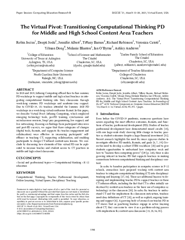 (PDF) The Virtual Pivot: Transitioning Computational Thinking PD for Middle and High School ...