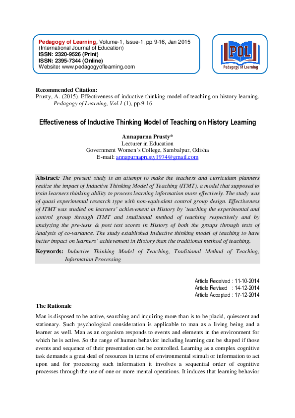 (PDF) Effectiveness of Inductive Thinking Model of Teaching on History ...