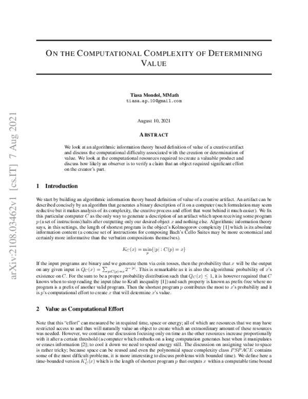 (PDF) On the Computational Complexity of Determining Value
