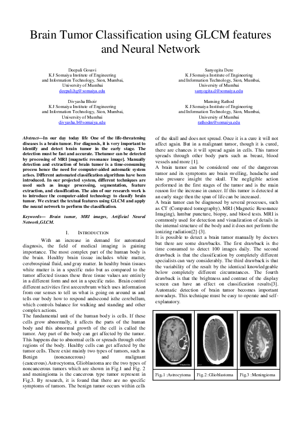 Pdf Brain Tumor Classification Using Glcm Features And Neural Network
