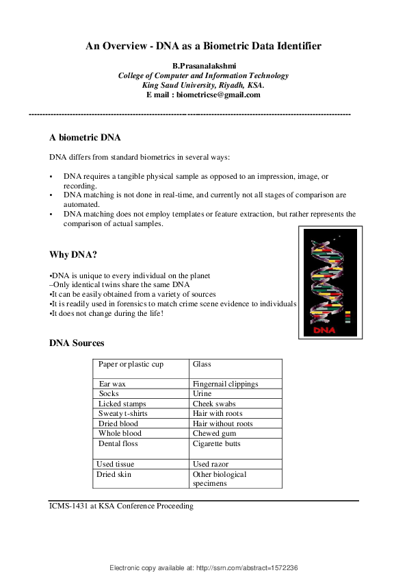 (PDF) An Overview - DNA as a Biometric Data Identifier