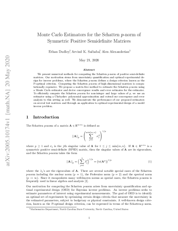 (PDF) Monte Carlo Estimators for the Schatten p-norm of Symmetric Positive Semidefinite Matrices