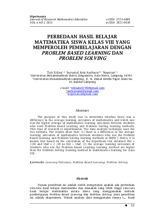 (PDF) Perbedaan Hasil Belajar Matematika Siswa Kelas VIII Yang Memperoleh Pembelajaran Dengan ...