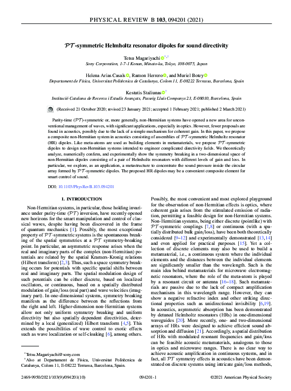 (PDF) PT -symmetric Helmholtz resonator dipoles for sound directivity