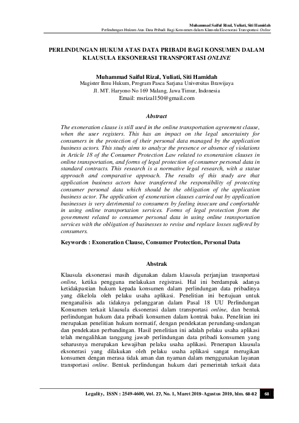 (PDF) Perlindungan Hukum Atas Data Pribadi Bagi Konsumen Dalam Klausula ...