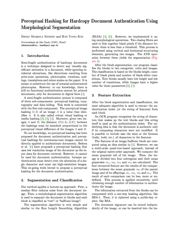(PDF) Perceptual hashing for hardcopy document authentication using morphological segmentation