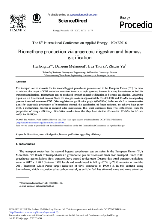 (PDF) Biomethane Production Via Anaerobic Digestion and Biomass ...