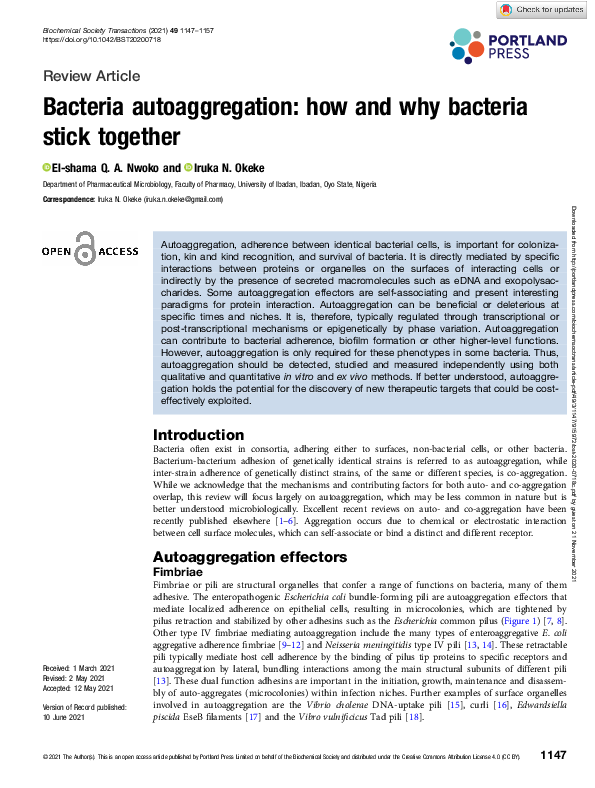 (PDF) Bacteria autoaggregation: how and why bacteria stick together