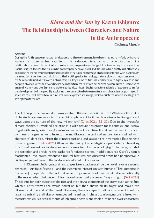 (PDF) Klara and the Sun by Kazuo Ishiguro: The Relationship between ...