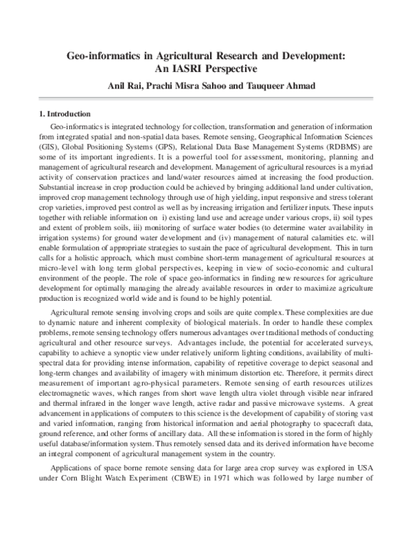 Pdf Geo Informatics In Agricultural Research And Development An Iasri Perspective