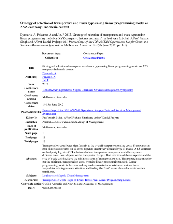(PDF) Minimizing Transport Costs with Linear Programming