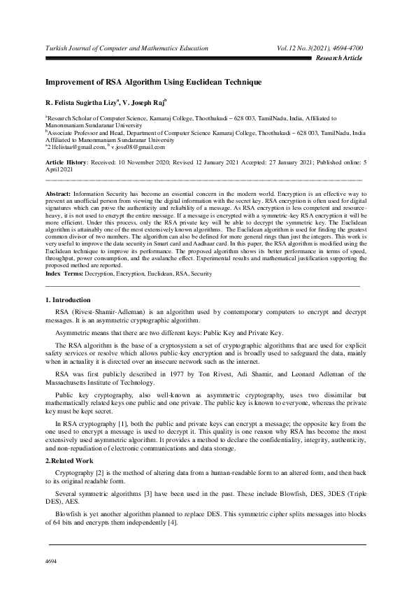 Pdf Improvement Of Rsa Algorithm Using Euclidean Technique