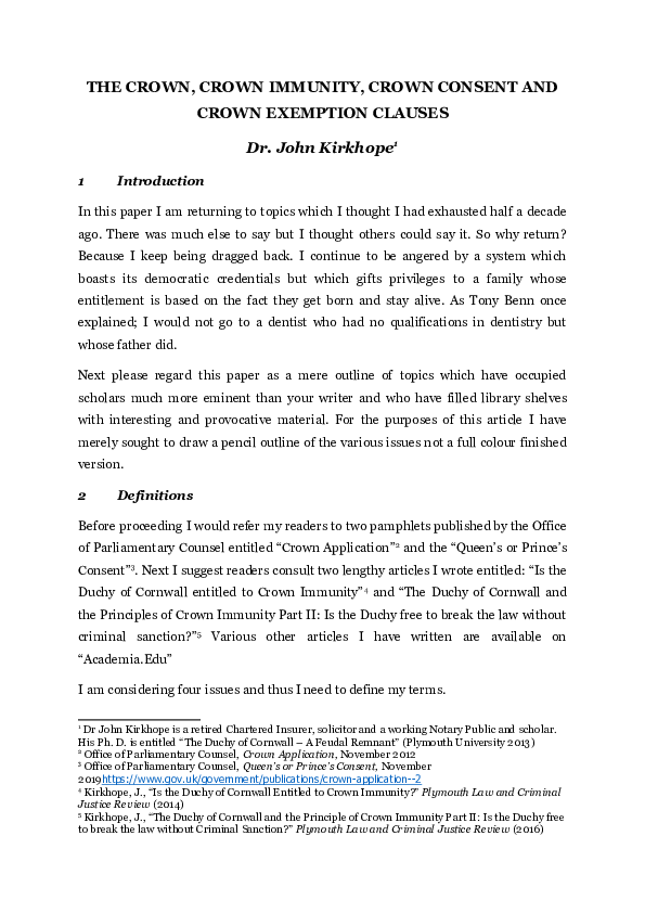(DOC) THE CROWN, CROWN IMMUNITY, CROWN CONSENT AND CROWN EXEMPTION ...
