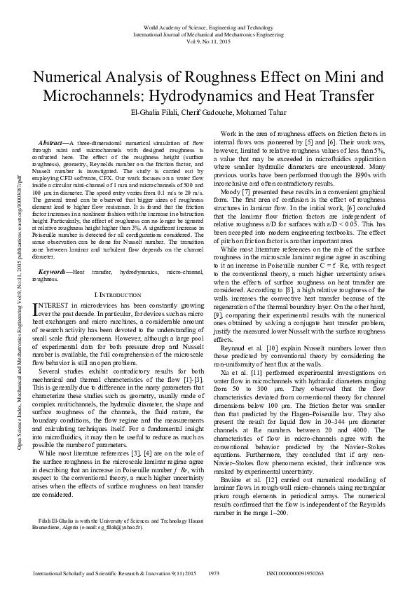(PDF) Numerical Analysis of Roughness Effect on Mini and Microchannels: Hydrodynamics and Heat ...
