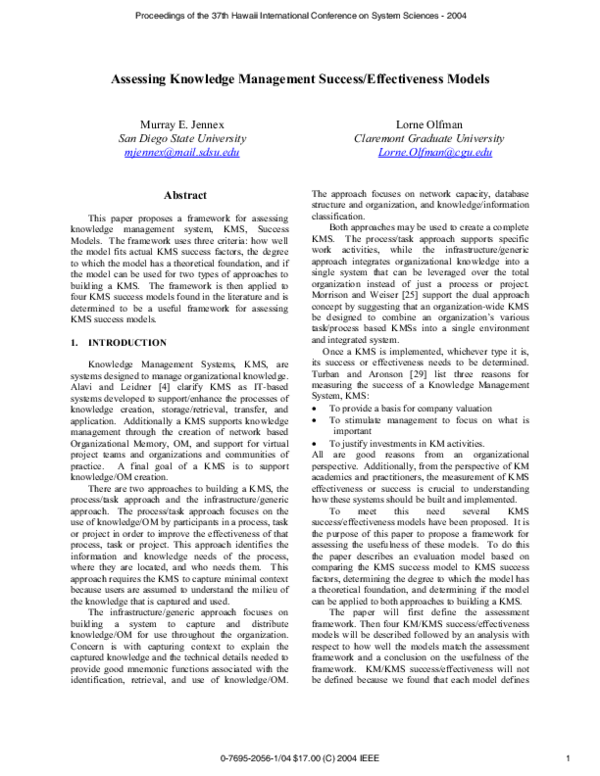 (PDF) Assessing knowledge management success/effectiveness models