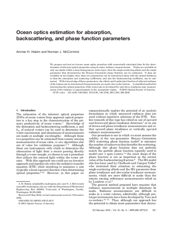 (PDF) Ocean optics estimation for absorption, backscattering, and phase ...