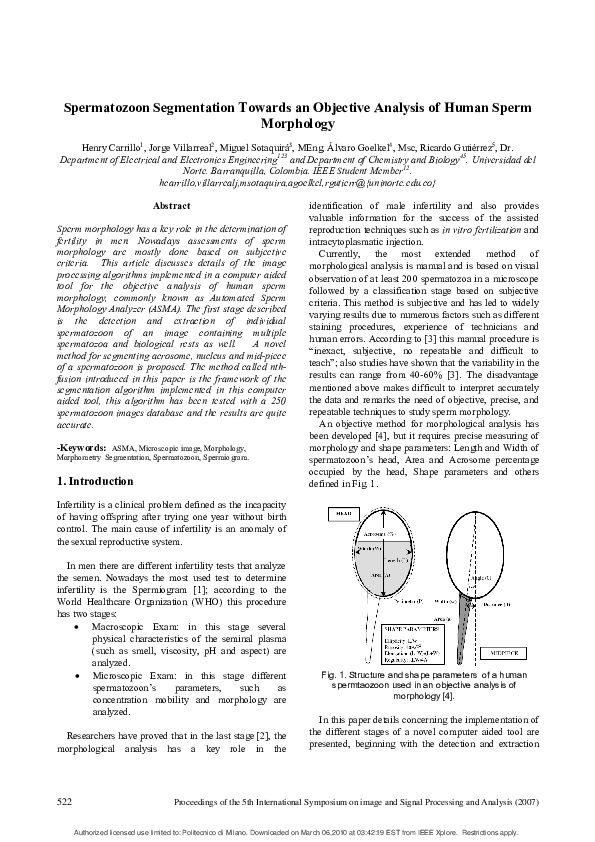 (PDF) Spermatozoon Segmentation Towards an Objective Analysis of Human Sperm Morphology