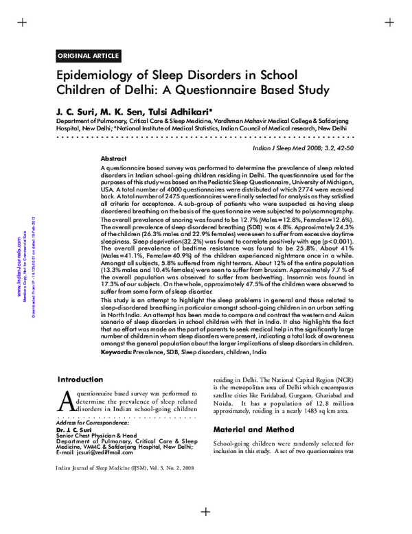 (PDF) Epidemiology of Sleep Disorders in School Children of Delhi: A ...
