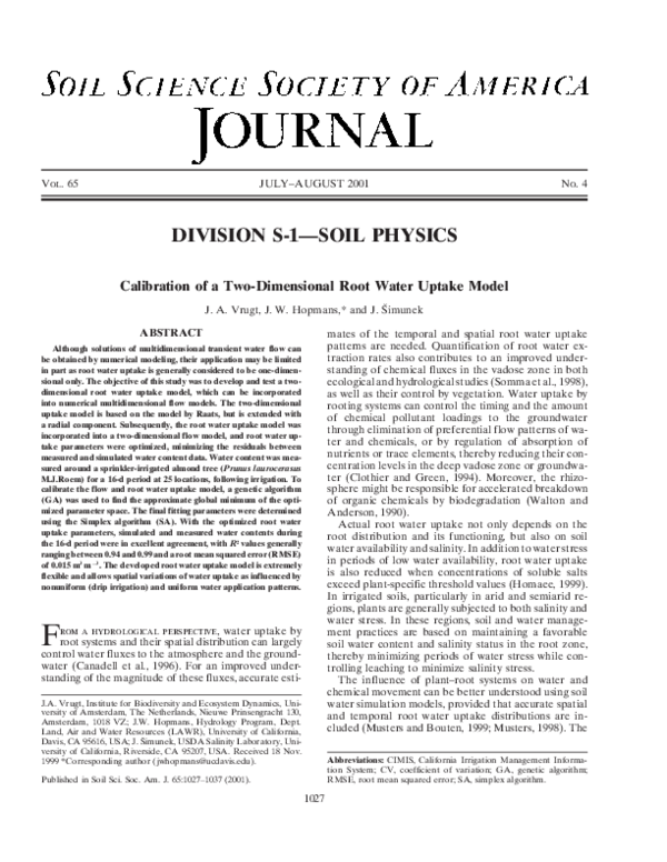 (PDF) Calibration of a two-dimensional root water uptake model