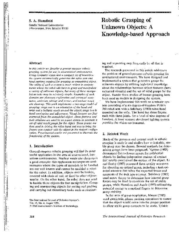 (PDF) Robotic Grasping of Unknown Objects: A Knowledge-based Approach | Sharon Stansfield ...