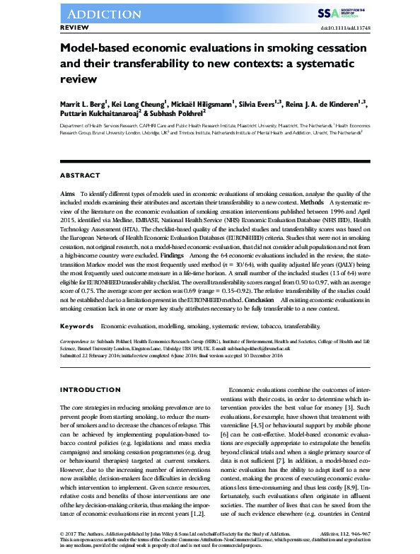 (PDF) Model-based economic evaluations in smoking cessation and their transferability to new ...