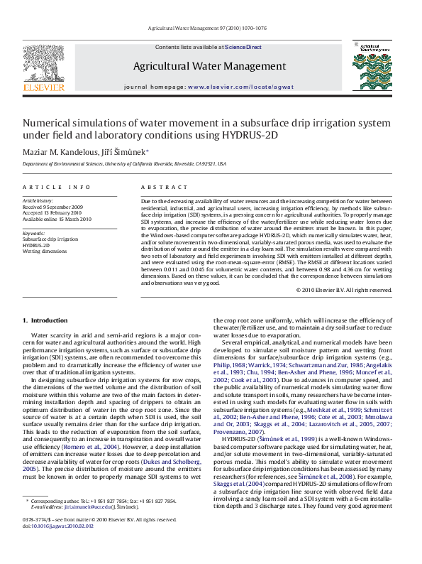 (PDF) Numerical simulations of water movement in a subsurface drip irrigation system under field ...